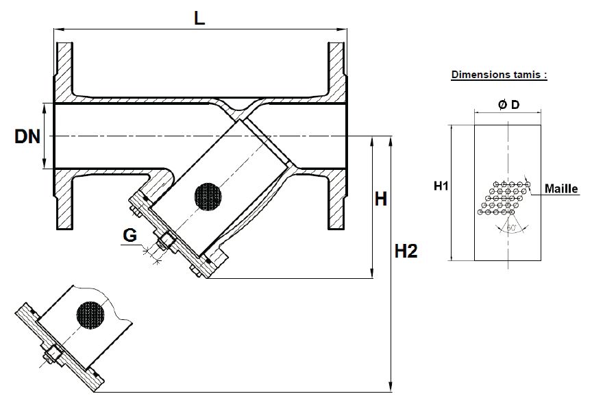 SFERACO - Filtre en Y à tamis, cps fte PN16, tamis inox, brides DN50 ...
